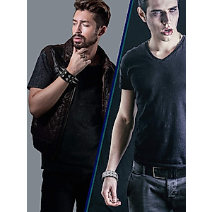 Hicarer 9 Pieces Spiked Studded Bracelet Black Leather Rivet Punk Bracelet Cuff Wrap Bangle Snap Button Metal Wristband for Men Women (Classic Style)