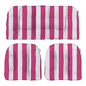 RSH DECOR: 3-Piece Wicker Tufted Cushion Set | 41” x 19" & 19" x 19" | All-Weather Spun Fabric | Water-Resistant | Outdoor Loveseat & U-Shape Cushions for Patio Furniture | Classic Pink Stripe