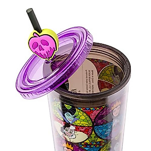 Silver Buffalo Disney Villains Featuring Cruella de Vil, Maleficent, Ursula, and the Evil Queen Glitter Plastic Cold Cup with Lid and Straw Topper, 24 Ounces