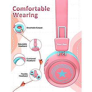 New bee Kids Bluetooth Headphones with Microphone Bluetooth 5.0 Wireless Kids Headphones with 32H Playtime/94dB Volume Limited On Ear Headphones for School/Girls/Boys/iPad/Fire Tablet(Pink)
