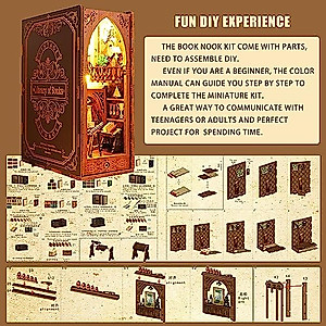 DIY Book Nook Kit,Dollhouse BookNook Bookshelf,3D Wooden Puzzle Bookends, Book Nook Miniature Kits with LED Light for Adults