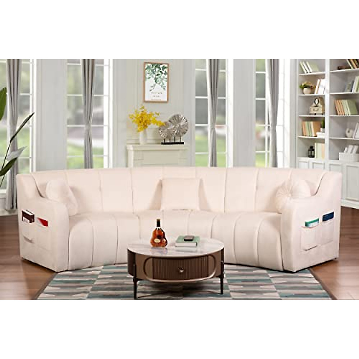 Legend Vansen Velvet Floor Sofa 3 Seats Symmetrical Modular Legless Corner Curved Round couches Sectional, 127", Cream