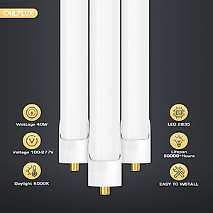 ONLYLUX 8 Foot Led Bulbs T8 T12 LED 8ft Tube Light F96T8 F96T12 LED Bulb 96" FA8 Single Pin LED Fluorescent Replacement, (100W Fluorescent Equivalent) 6500K CW Daylight Milky Cover, 10 Pack