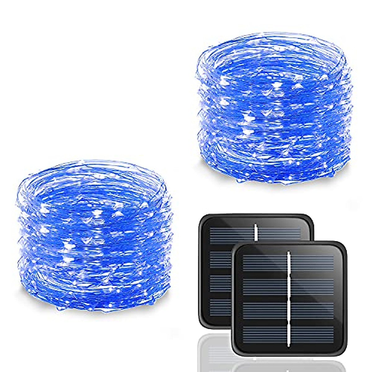 UPOOK Solar String Lights, Copper Wire Solar Fairy Lights 100LED 33Ft 8 Modes, Waterproof Outdoor String Lights, Blue Decorative Lights for Christmas Party Wedding and Patio Garden Yard, 2 Pack