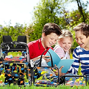 Kacctyen 3 Pcs Pink Clear Backpack for Girl Boy Kid Heavy Duty School Clear Bookbag Transparent Backpack with Lunch Bag(Black,Dinosaur)