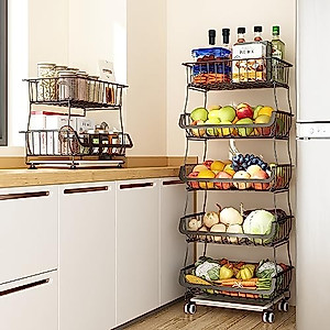 Wisdom Star 6 Tier Fruit Vegetable Basket, Wire Storage Basket Organizer Utility Cart with Wheels, Vegetable Basket Bins for Onions and Potatoes, Fruit Vegetable Storage Cart for Kitchen, Black