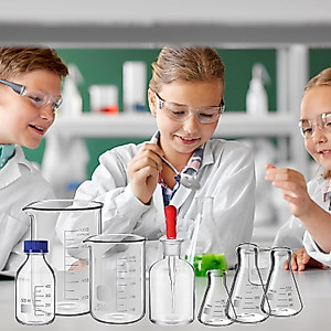 Saysurey 31 Pcs Lab Glassware Set Include Measuring Beakers Cylinders Erlenmeyer Flasks Dropper Bottle Media Bottles Glass Stirring Rods Dropper Funnels for Science Chemistry Equipment Supplies