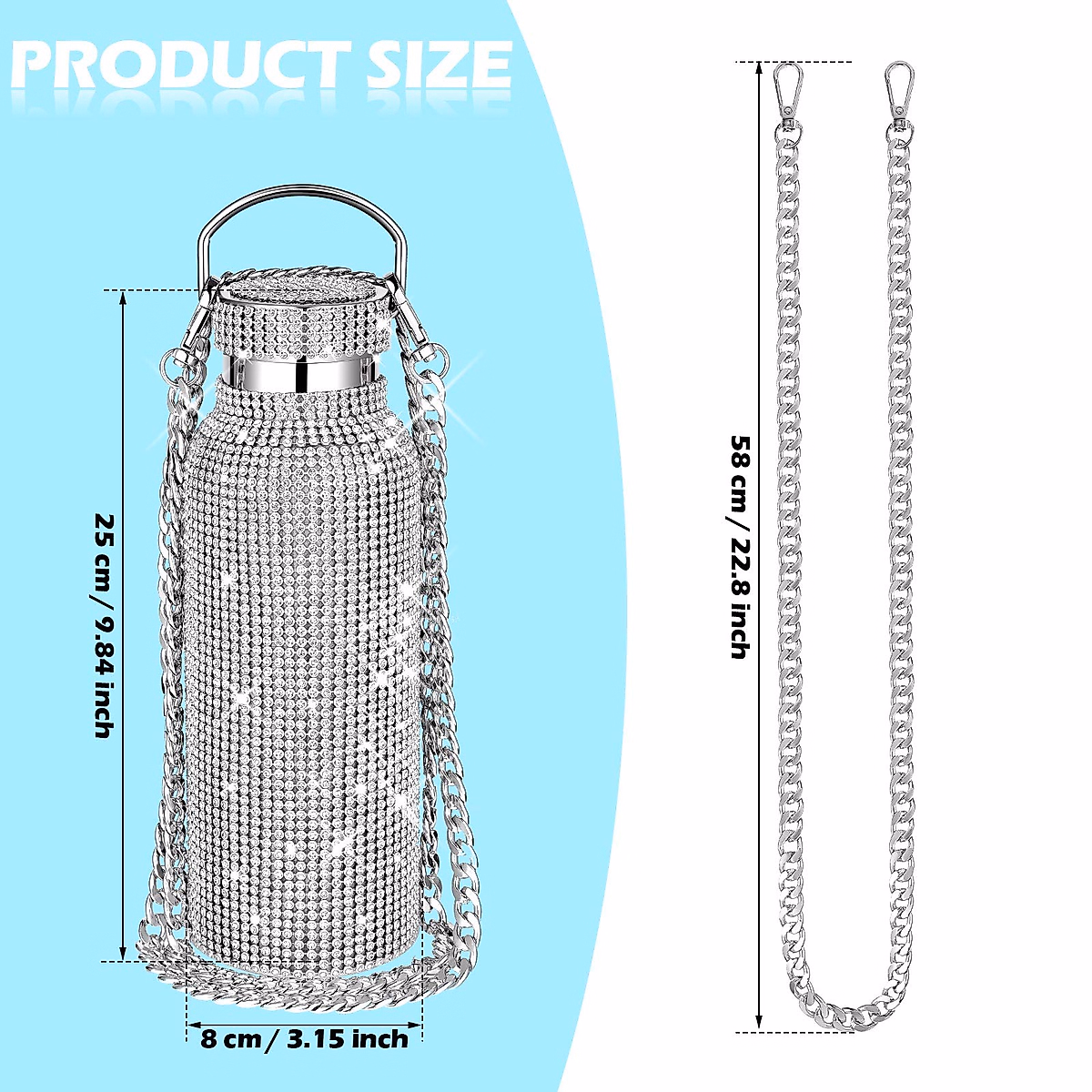 Diamond Water Bottle Bling Rhinestone Stainless Steel Thermal Bottle Refillable Insulated Glitter Water Jug with Chain for Women Girls Gifts(500 ml,Silver)