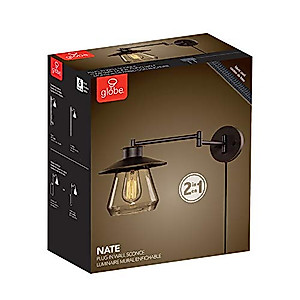 Globe Electric 51543 Nate 1-Light Plug-in or Hardwire Swing Arm Wall Sconce, Oil Rubbed Bronze, Clear Glass Shade, 6ft Black Fabric Covered Cord, Inline On/Off Rocker Switch