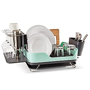 DASH SmartStore™ Full Size Dish Rack – Plates, Cups, Utensil Holder, Knife Slot, Drainage Spout + Drying Mat – Aqua