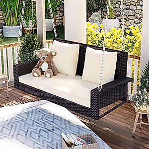 FANYE Outdoor PE Wicker Swing Chains, Pillows for Garden, Backyard, Pond Porch Furniture Set, 2 Seaters Double Rattan Cushioned Conversation Hanging Sofa & Couch, Brown+Beige