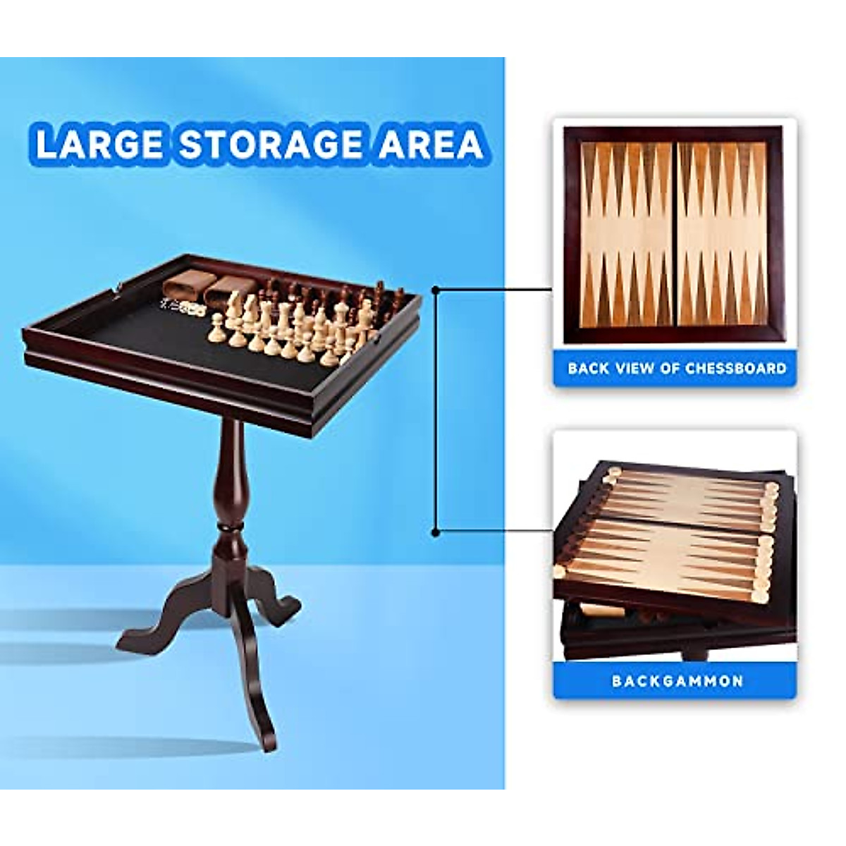 GSE Wooden 3-in-1 Chess Checkers Backgammon Table, Chess Checkers Backgammon Combo Game Set, Wood Chess Table Set for Family Board Games