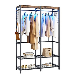 Bestier Metal Freestanding Wardrobe Storage Unit with Wooden Top Shelf & Built In Color Changing Lights w/7 Colors and 20 Dynamic Modes, Rustic Brown