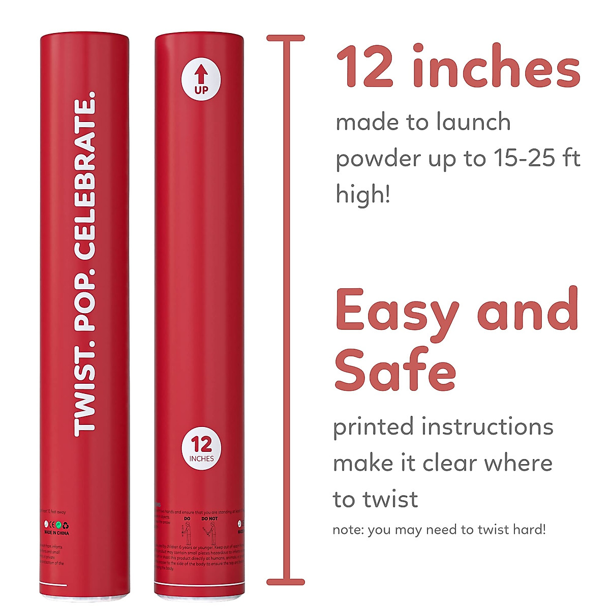 2 Pack Red Powder Poppers Biodegradable Powder Cannons | TUR Party Supplies | Red Biodegradable Powder | Launches up to 25ft | Giant (12 in) | Powder Poppers for Celebrations, Festivals, and Parties