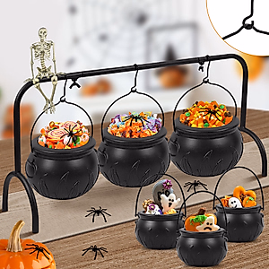 Set of 6 Halloween Witches Cauldron Serving Candy Bowls with Iron Rack Upgrade Hooks Black Plastic Punch Bucket Spiders for Halloween Party Decorations Indoor Outdoor Home Table Decor Supplies