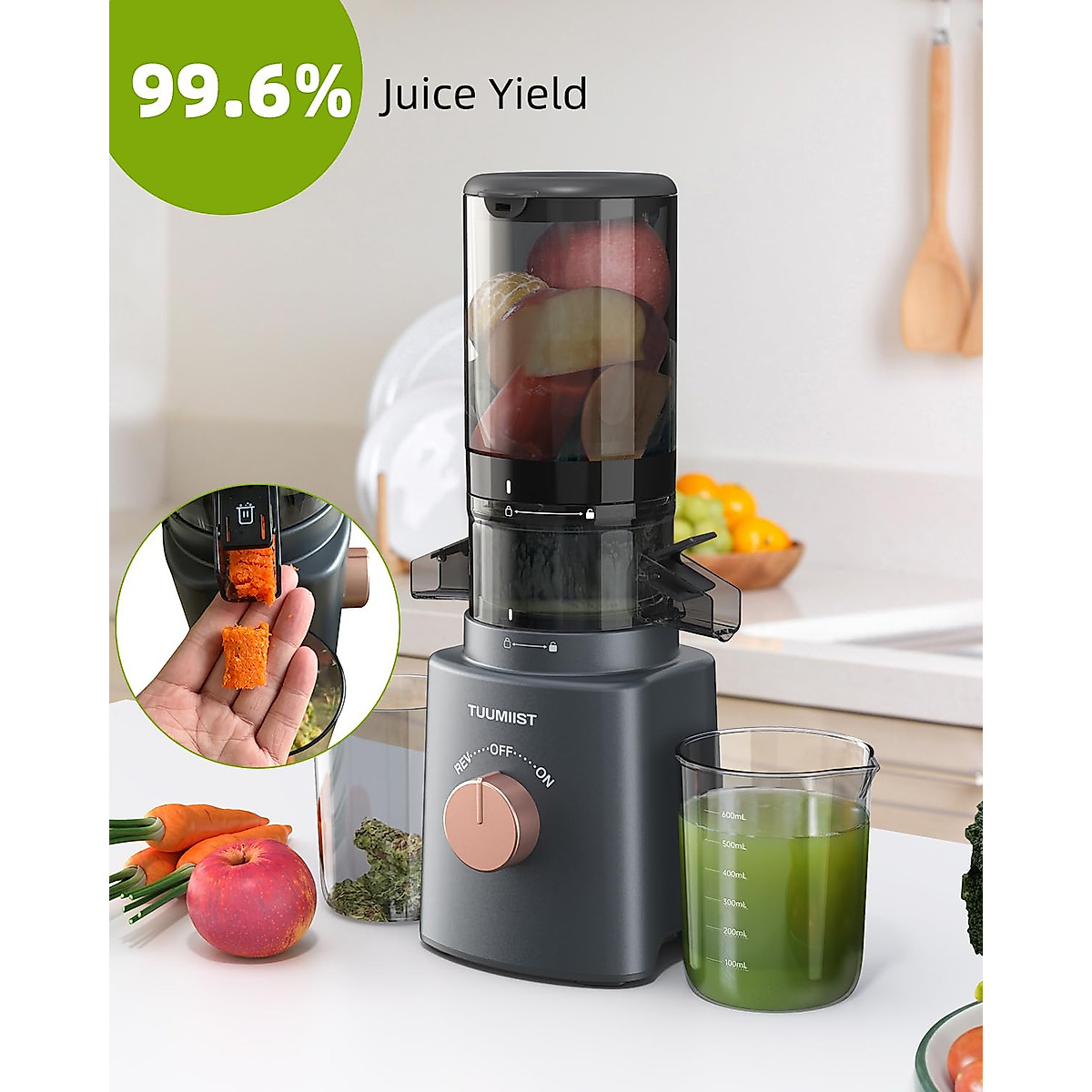 Cold Press Juicer with 8 Juice Bottles - Masticating Juicer Machines for Fruits and Veggies, 4.25" Large Feed Chute, Easy to Clean