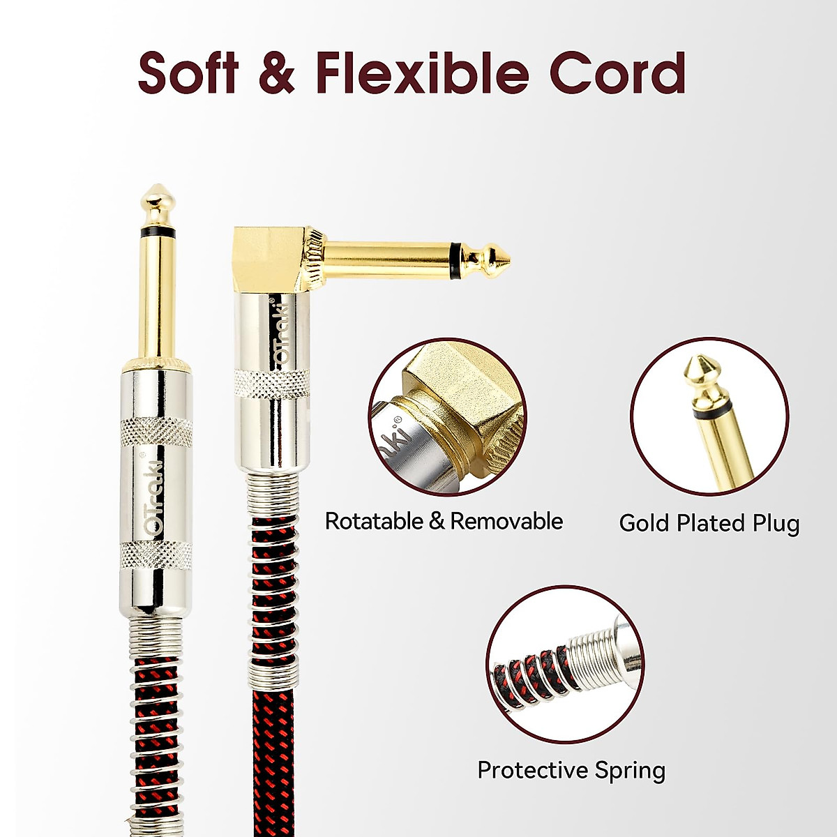 OTraki 3FT Guitar Cables 2 Pack Electric Guitar Chord 1/4 Inch Straight to Right Angle 6.35mm Gold Plated TS Plug Nylon Connect Guitar Instrument Cable for Guitar Bass Drum Audio Device 1M