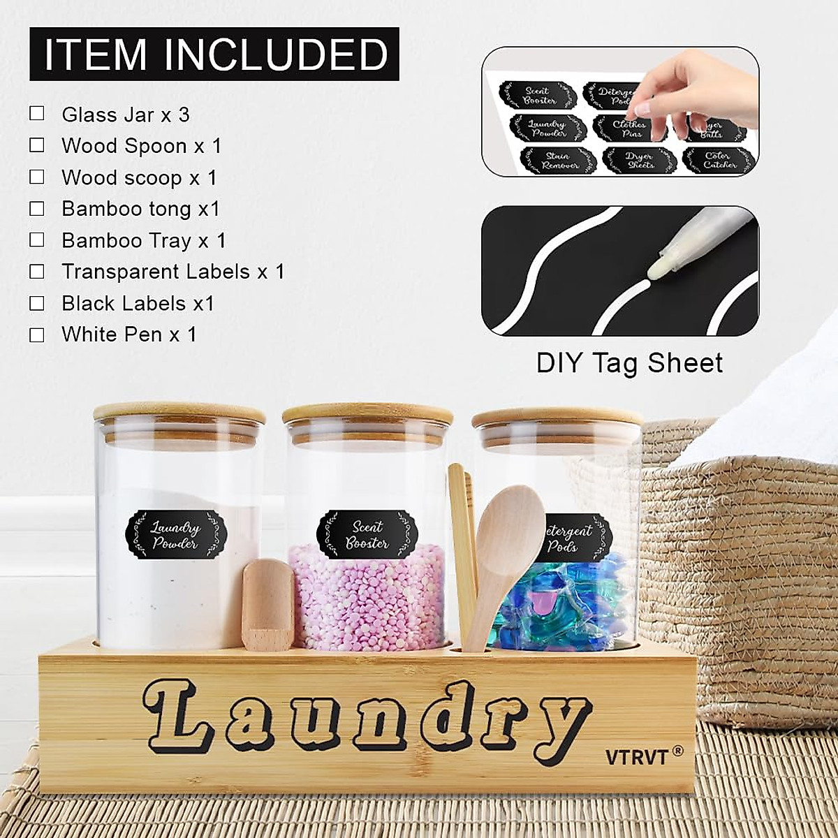 VTRVT Laundry Pods Container, Laundry Detergent Organizer, Laundry Detergent Dispenser for Laundry Detergent, Pods, Powder, Scent Booster, Stain Remover, Dryer Balls