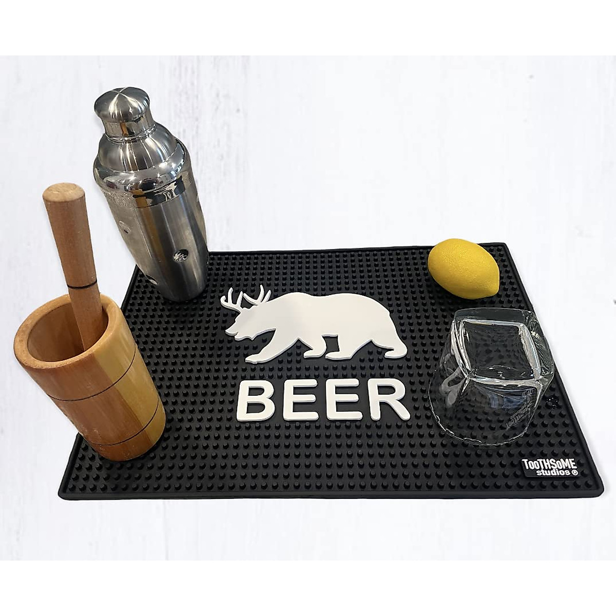 Beer Bear With Deer Antlers 17.7" x 11.8" Funny Bar Spill Mat Rail Countertop Accessory Home Pub Decor Slip Resistant Durable Thick Bar Covering for Craft Brewery Kitchen Cafe and Restaurant Accessory