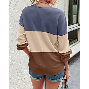 BTFBM Women Long Sleeve Shirts 2024 Fall Fashion V Neck Loose Casual Blouse Deco Button Lightweight Waffle Knit Pullover(Stripe Blue, Medium)