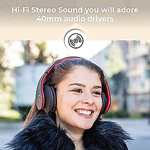 PowerLocus Bluetooth Over-Ear Headphones, Wireless Stereo Foldable Headphones Wireless and Wired Headsets with Built-in Mic, Micro SD/TF, FM for iPhone/Samsung/iPad/PC (Black/Red)