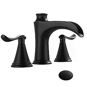 FBUKE Black Bathroom Faucet Waterfall Bathroom Sink Faucet 3 Hole with Pop Up Drain Farmhouse Brass Mixer Tap, Matte Black