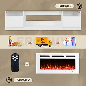 EROMMY 80'' Fireplace TV Stand with 40'' Electric Fireplace, Entertainment Center with 16 Color Led Lights and 12 Flame Fireplace Insert Heater, TV Console for TVs up to 90'' for Living Room, White