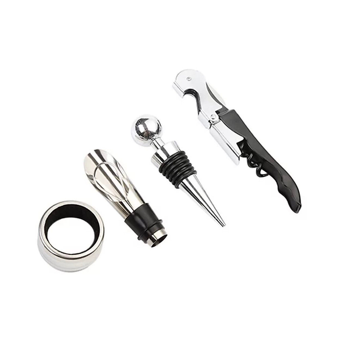 WICKS & WINE STAINLESS STEEL WINE ACCESSORY GIFT SET - BOTTLE OPENER, DRIP RING, BOTTLE STOPPER, WINE POURER