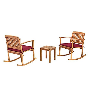 Kinsunny 3 Piece Wood Patio Bistro Rocking Chairs Outdoor Chat Wooden Rocker Conversation Set with Cushions and End Table for Garden, Pool, Backyard