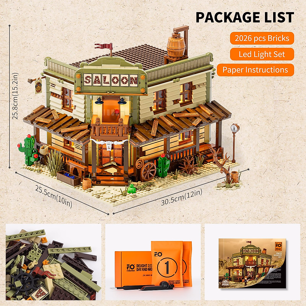 FUNWHOLE Western-Saloon Lighting Building-Bricks Set - The Old West Saloon LED Light Construction Building Model Set 2026 Pcs for Adults and Teen