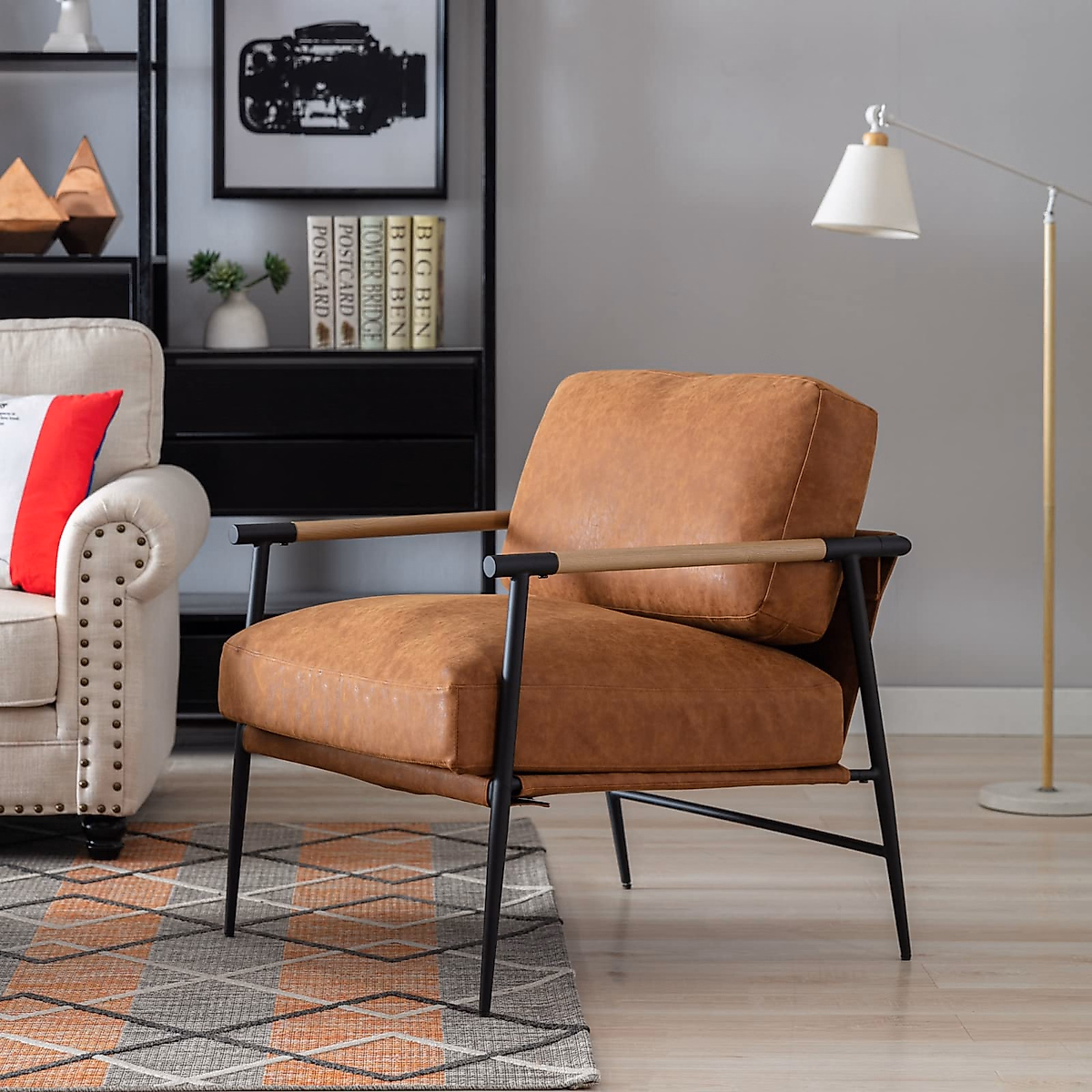 LukeAlon Mid Century PU Leather Accent Chair, Ultra Soft Living Room Chair with Metal Legs Modern Armchair Upholstered Comfy Seating for Bedroom Reception Area Reading Room, Browm