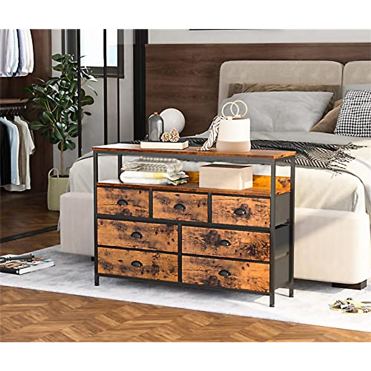 Furologee Dresser TV Stand, Console Sofa Table with 7 Drawers and 2-Tier Open Shelves, Entertainment Center for 45" TV, Storage Fabric Drawer Unit for Bedroom, Living Room, Entryway, Rustic Brown