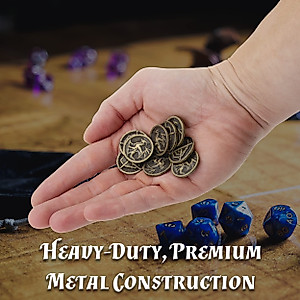 CASEMATIX Metal Coins and Pouch for Tabletop RPG Board Games - 100 DND Coins Fantasy Coins with Dragons & Sword and Shield Engraving, Metal Tokens for Board Games with PU Leather Bag