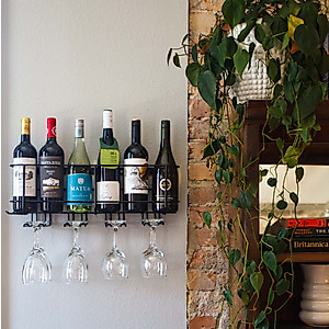 c2M Wall Mounted Wine Bottle & Glass Rack | Floating Wine Storage Shelf for 6 Bottles, 8 Glasses, & Opener | Timeless Compact Steel Design | Heavy Duty & Made in The USA - Black