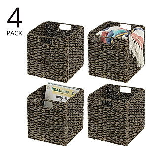mDesign Seagrass Woven Cube Basket Organizer with Handles - Storage for Bedroom, Office, Living Room, Bathroom, Perfect for Cubby Storage Units - Hold Blankets, Magazines, Books - 4 Pack - Black Wash