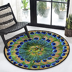 Peacock Feather Area Rugs Washable Indoor, Animal Mandala Round Rug Non-Slip Circle Rug Modern Round Area Rug for Living Room, Bedroom, Dining Room (3' Diameter)