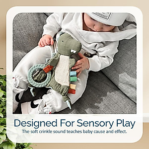 Itzy Ritzy - Bitzy Crinkle Sensory Toy Dinosaur with Crinkle Sound for Babies & Toddlers - Features Soft Braided Teething Ring & Textured Ribbons, Designed for Ages 0 Months and Up, Dinosaur