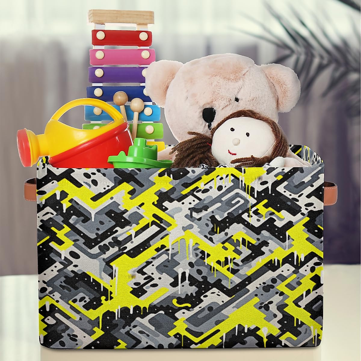 GzLeyigou Yellow Camo Skin Large Collapsible Storage Bins ,Decor Decorative Canvas Fabric Storage Boxes Organizer with Handles,Rectangular Baskets Bin for Home Shelves Closet Nursery Gifts