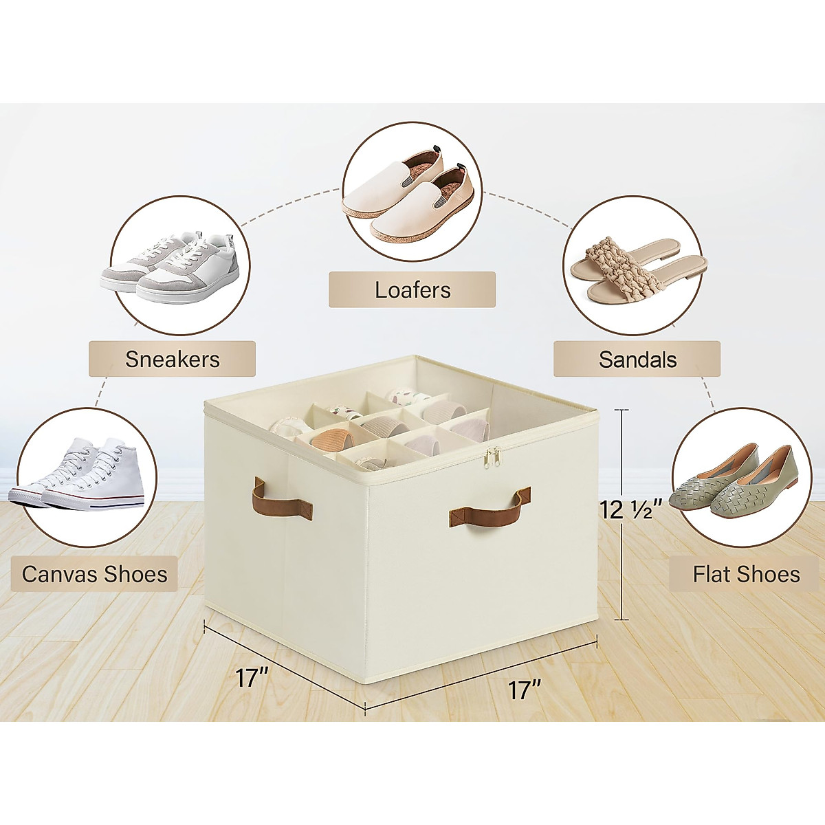StorageWorks Storage Box for Shoes, Shoe Storage Bin with Handles and Fixed Dividers, Space-Saving Shoe Storage Organizer, Closet Cube Shoe Storage Box, Beige, 1-Pack