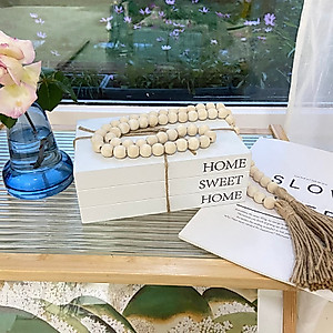 Decorative Books for Home Decor, White Faux Books for Decoration, Rustic Farmhouse Stacked Display Books with 52in Wood Bead Garland for Coffee Tables Living Room, (HOME SWEET HOME)