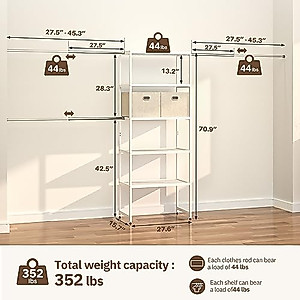 Homde Closet Organizer Storage System with 2 Storage Drawers and 3 Expandable Stainless Steel Hanger Rods,Bamboo Clothing Garment Rack,Freestanding Wardrobe Closet for Bedroom,White