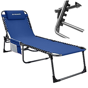 FUNDANGO Folding Outdoor Chaise Lounge Chair, 5-Position Adjustable Lounge Chair for Lawn, Patio, Beach, Sunbathing, Deck, Portable Heavy-Duty Camping Reclining Chair with Pillow, Blue