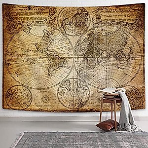 NYMB Vintage World Map Wall Tapestry, Old Nautical Map Tapestries Wall Art, Nostalgic Style Art Historical Atlas Vintage Design, Wide Wall Hanging for Bedroom Living Room Dorm, Pale Brown
