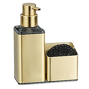 mDesign Modern Aluminum Kitchen Sink Countertop Liquid Hand Soap Dispenser Pump Bottle Caddy with Storage Compartments - Holds and Stores Sponges, Scrubbers and Brushes - Soft Brass Finish