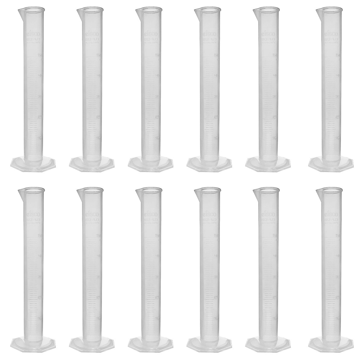 EISCO Polypropylene Graduated Cylinder, Octagonal Base, 50ml (Pack of 12)