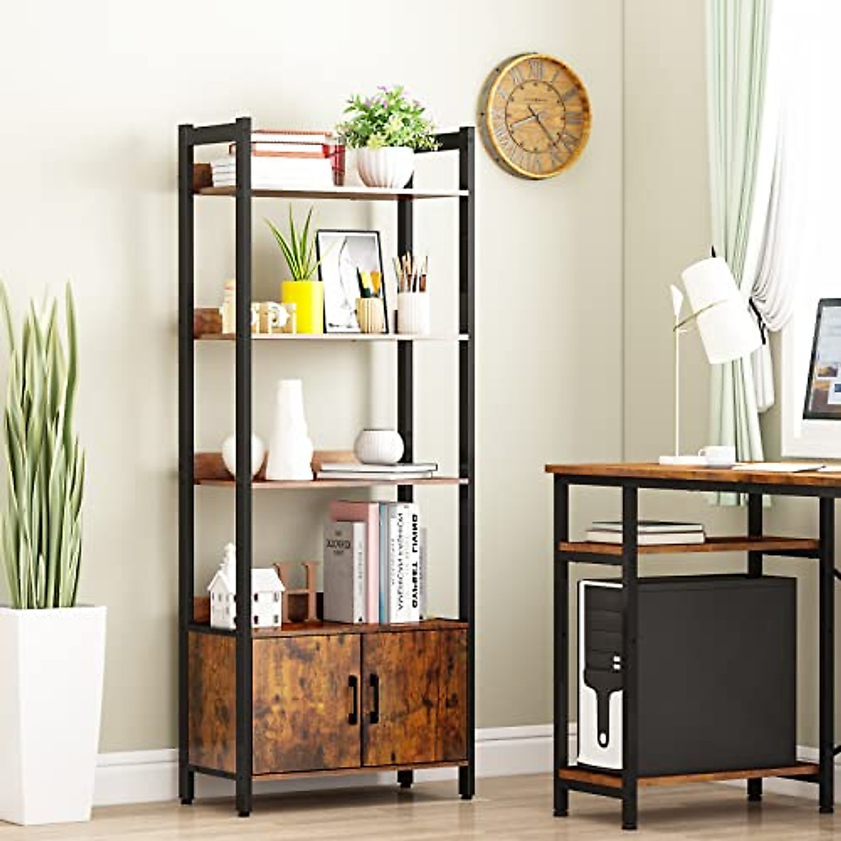 Furologee Bookshelf and Bookcase with Doors, Tall 61" Free Standing Display Shelving Units with 4-Tier Shelves, Industrial Storage Cabinet for Home Office, Living Room, Bedroom, Bathroom, Rustic Brown