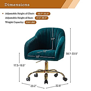 HULALA HOME Velvet Home Office Desk Chair, Modern Cute Computer Task Chair, Wheels Swivel Height Adjustable Upholstered Vanity Chair for Women, Girls (Gold Base, Teal)
