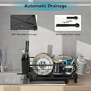 AWLYLNLL Dish Drying Rack, Space-Saving Dish Rack, Multifunctional Dish Racks for Kitchen Counter, Anti-Rust Drying Dish Rack with Cutlery & Cup Holders, Dish Drainer for Dishes & Knives, Black