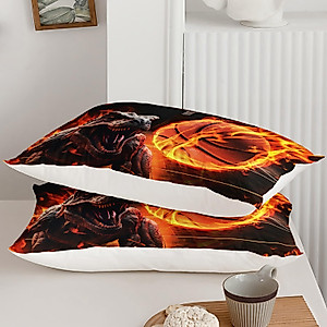 AILONEN 3D Basketball Duvet Cover Set Full Size, Fire Basketball Duvet Cover,3D Dragon Roar Bedding Set,Basketball Frames Comforter Cover,1 Quilt Cover and 2 Pillowcases,3 PCS