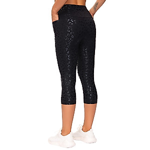 THE GYM PEOPLE Tummy Control Workout Capris Leggings with Pockets High Waist Athletic Yoga Pants for Women Running Hiking Silver/Black